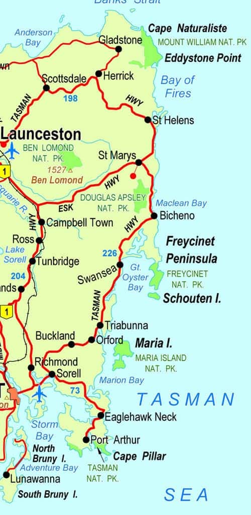 Tasmanian East Coast Map - Tasmania Travel